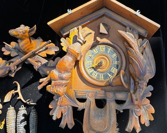 Vintage Germany Black Forest Hunter Cuckoo Clock Hand Carved Deer ...