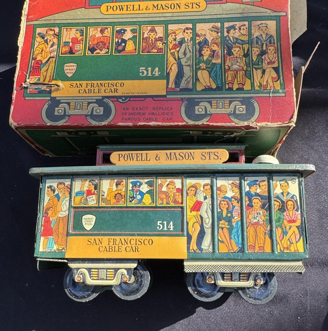 Rare POWELL & MASON STS San Fransico Cable Car Trolly Friction Tin Toy ...