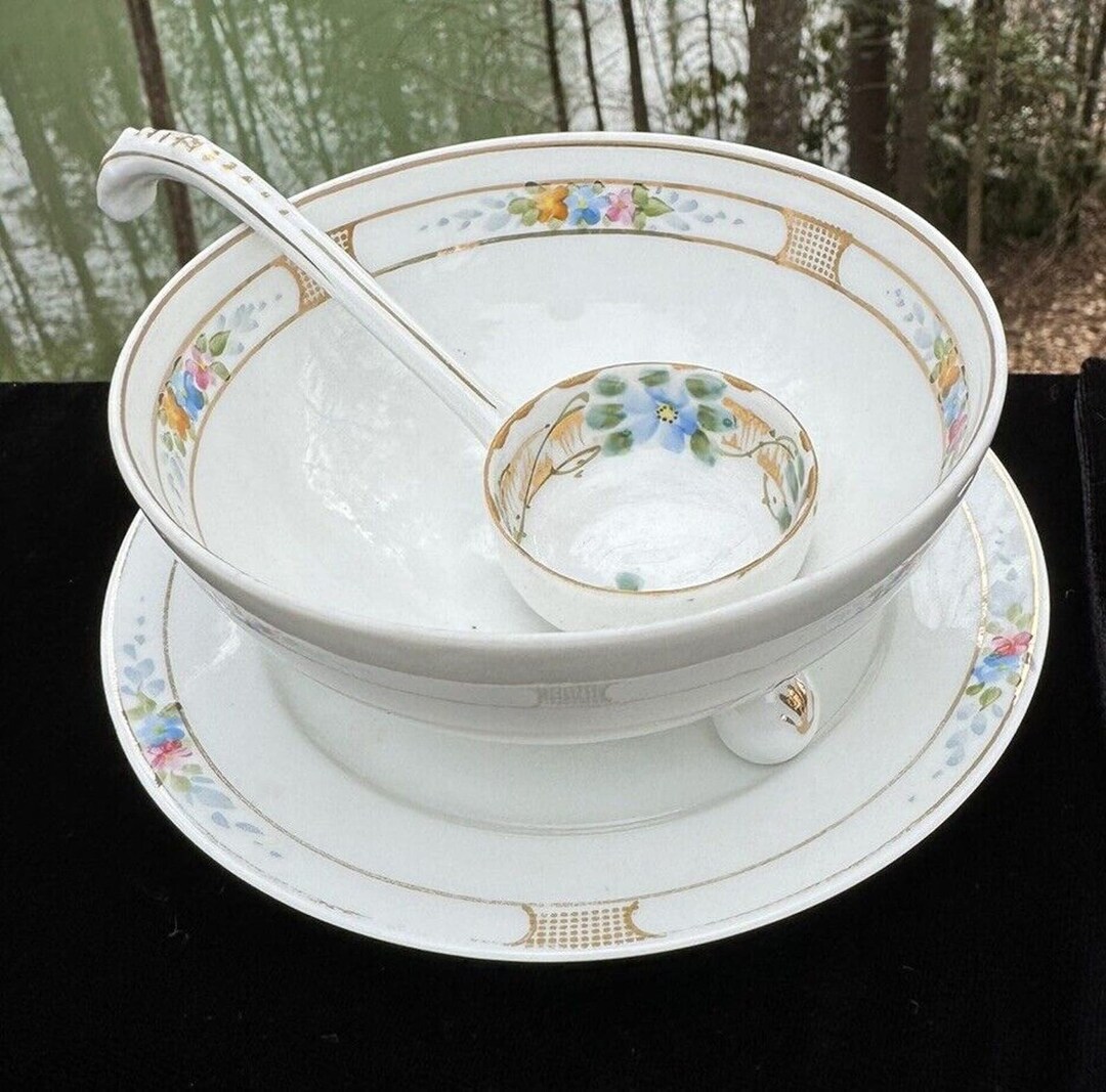 Nippon Gold & Floral 3 Piece Mayo Set Hand Painted Bowl Saucer Ladle ...