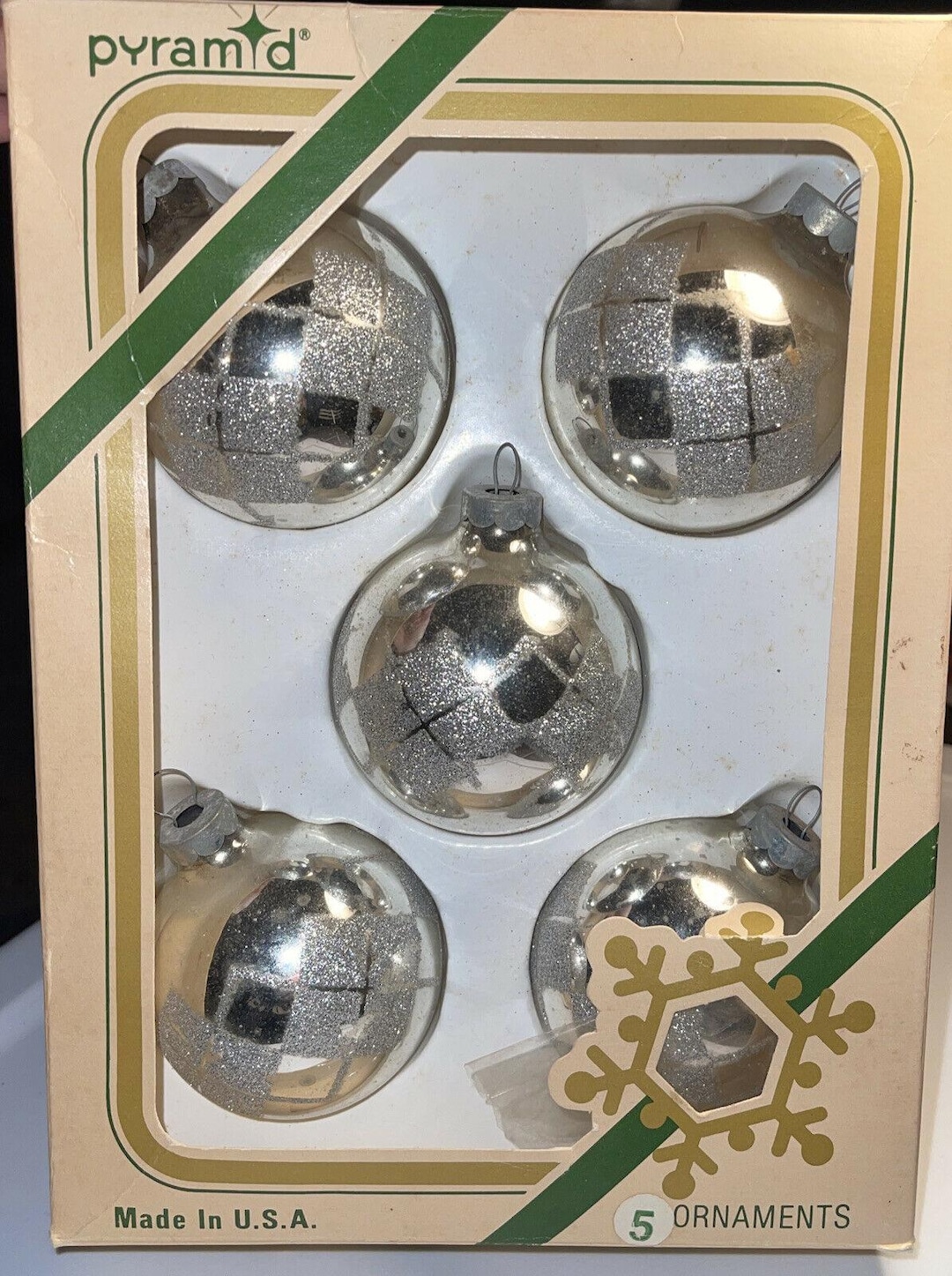 Vintage 1960's Mercury Micah Glass Christmas Ornaments Silver Pyramid ...