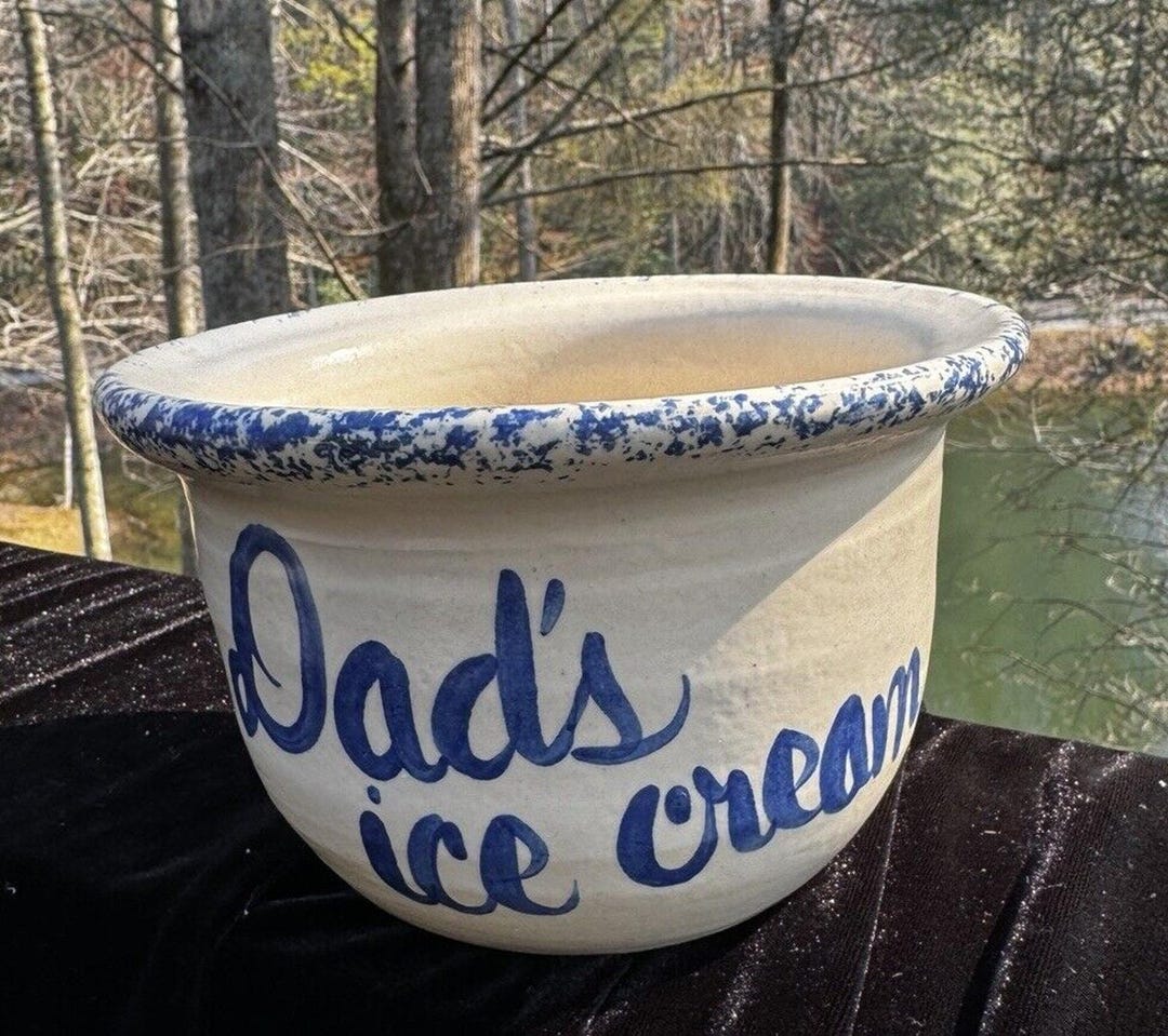 Vintage Sponge Wear Dad's Ice Cream Crock Bowl Stoneware Blue White ...