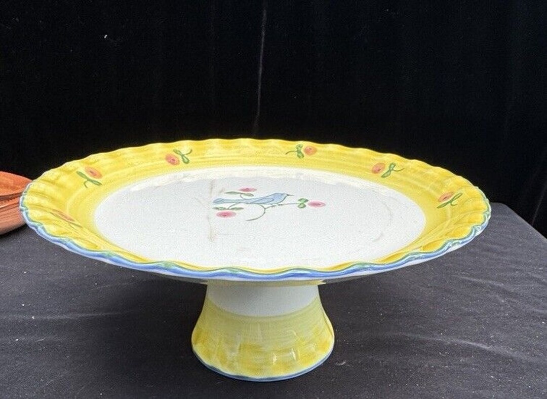 Normandy by Mann Hand Painted 1987 Cake Stand Yellow Bluebirds -A64 - Etsy
