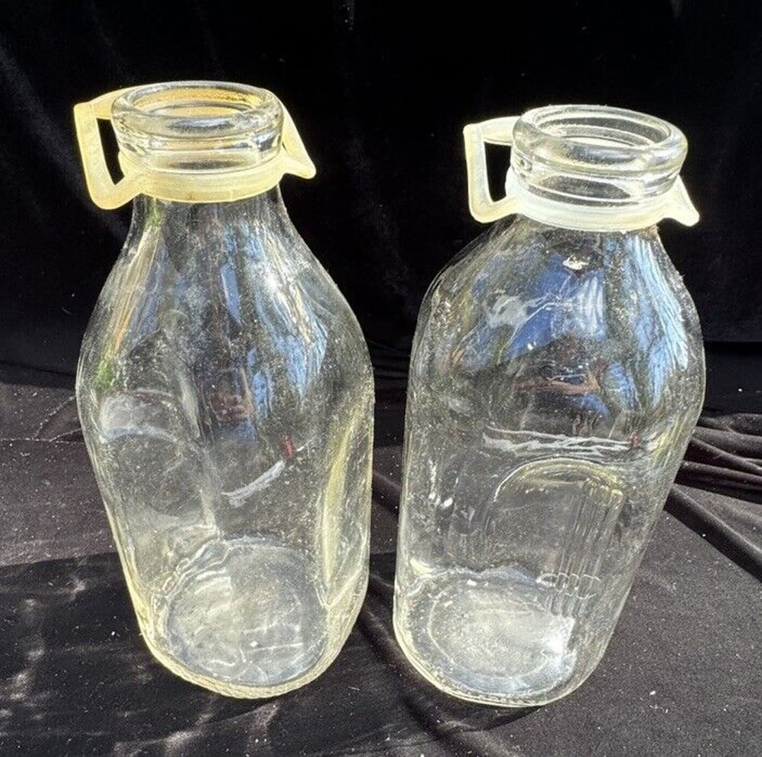 2 Vintage Clear Glass One Gallon Milk Bottles Jugs With Plastic Handles ...