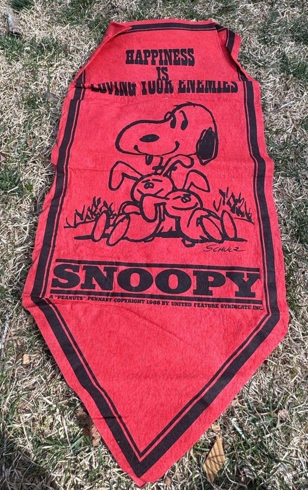 Vintage 1968 Peanuts Red Felt Pennant Banner Snoopy Happiness Loving ...