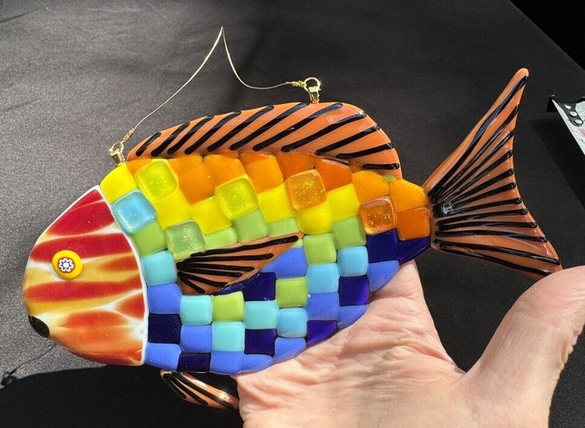 Colorful Floating Fish Fused Art Glass Handmade Plaque Signed! -A53 2 ...