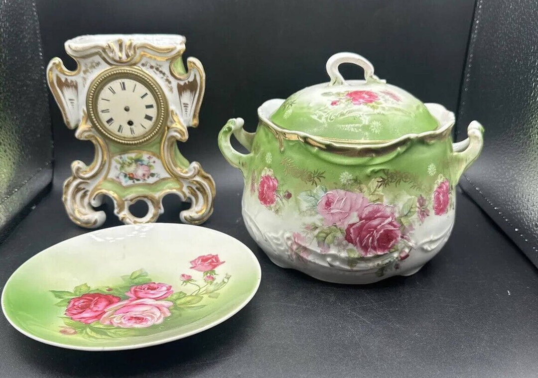 Victorian Lidded Dish , Plate & Minton Clock Green W Roses Porcelain ...