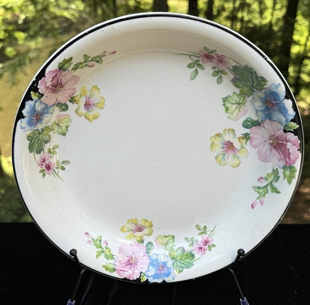 1920 Harker Pottery Mallow Pastel Flowers Black Accents Pie Pan Plate ...