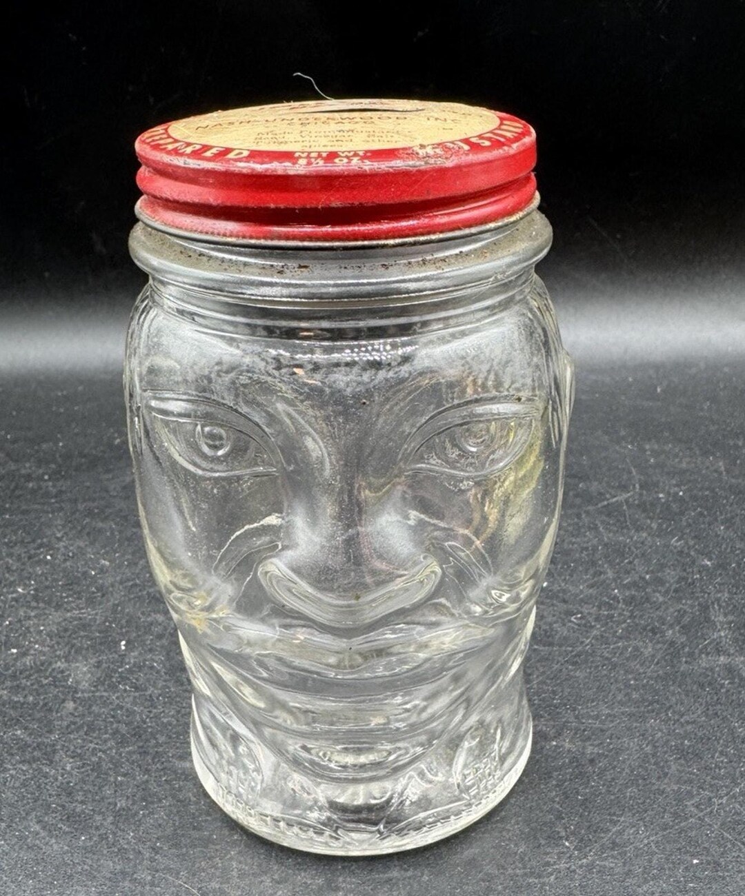 Vintage NASH’S Jolly Joe Glass Coin Bank, 4-1/2” Prepared Mustard Promo ...