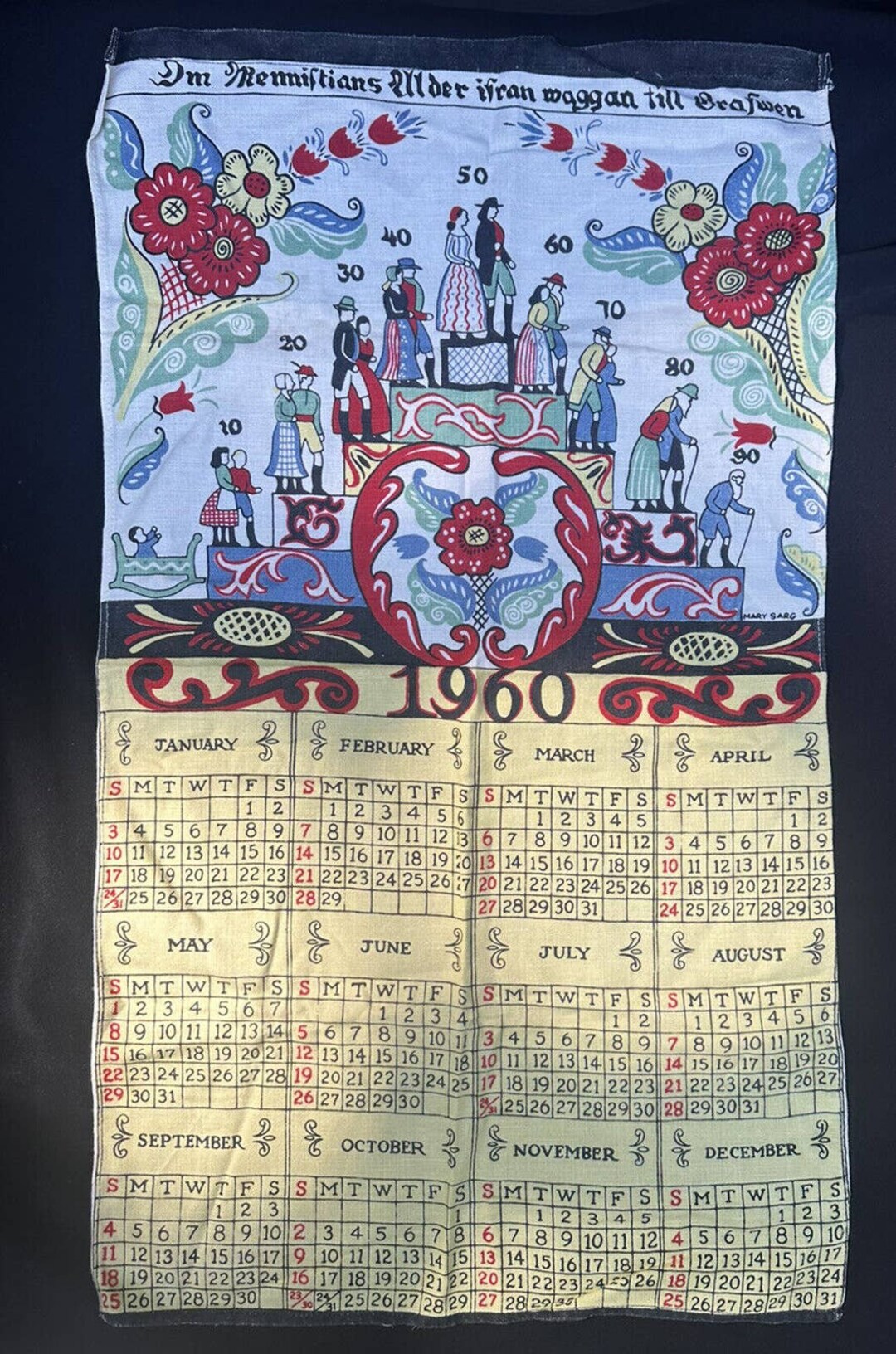 1960 MARY SARG Linen Calendar SWEDISH Dutch 27” Long 16” Wide Stunning ...