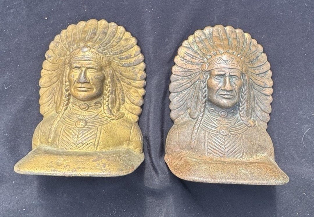 2 Vintage Cast Iron Native American Indian Chief Head Bookends Bronze ...