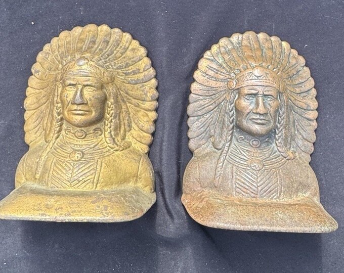 2 Vintage Cast Iron Native American Indian Chief Head Bookends Bronze ...