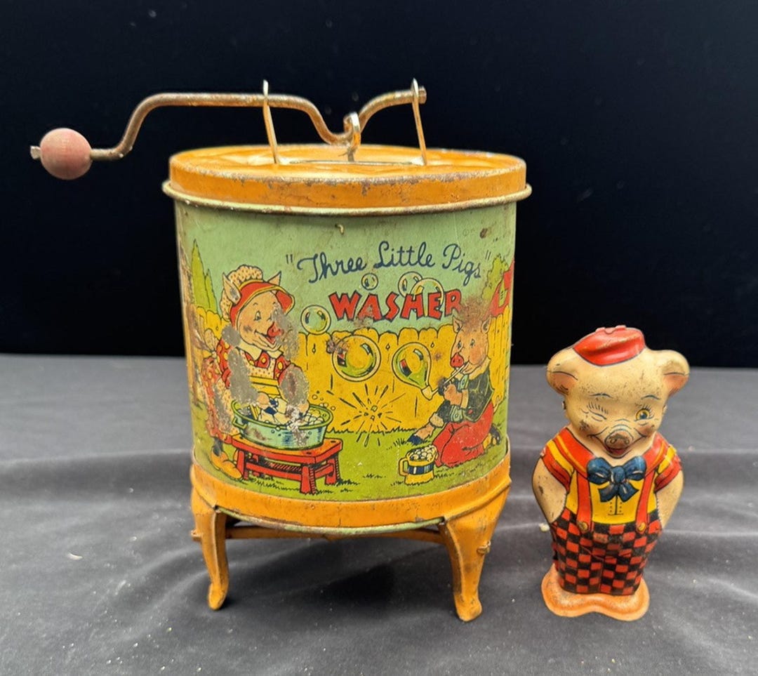 1935 Three Little Pigs J Chein Litho Tin Laundry Washing Machine ...