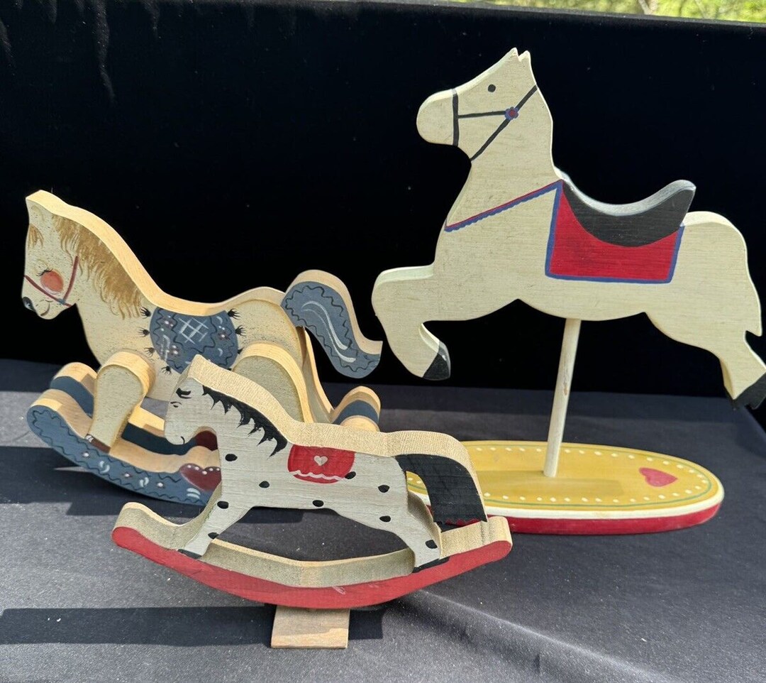 3 Vintage Wood Folk Art Rocking Horse Figurines Home Decor Carousel -BA ...