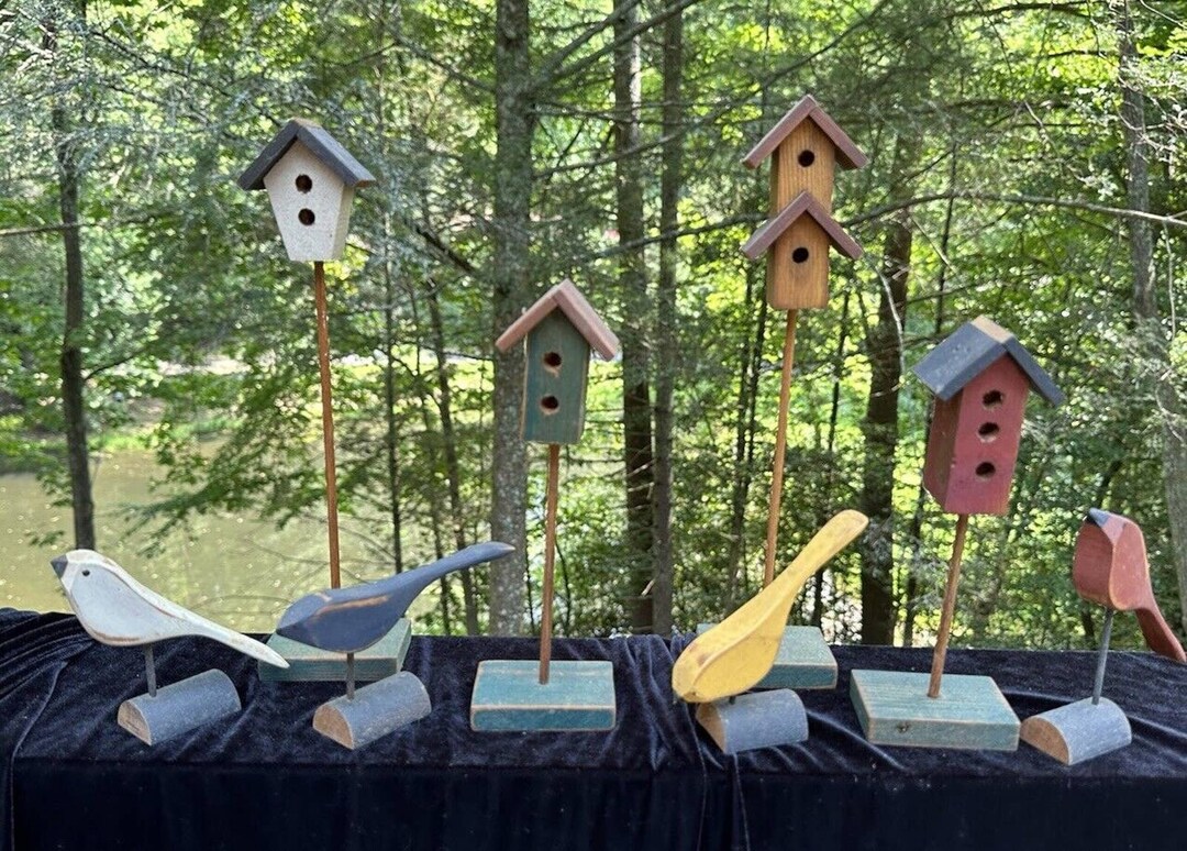 Wonderful Primitive Rustic Hand Painted Wood Birdhouses & Bird Display Set S28 - Etsy