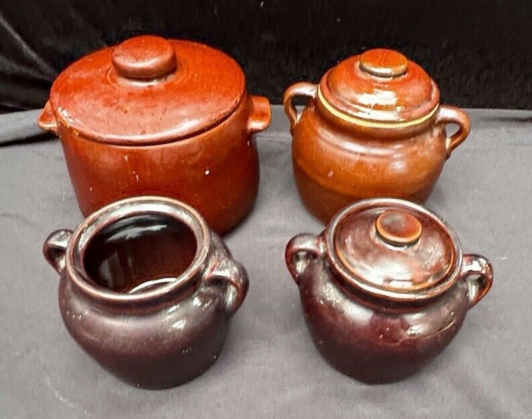 4 Vintage Bean Pots Crock Brown Glazed Stoneware USA Pottery 1950’s ...