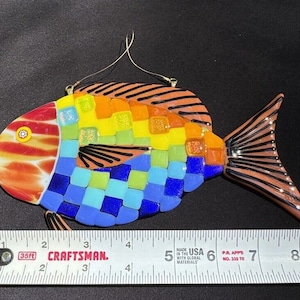 Colorful Floating Fish Fused Art Glass Handmade Plaque Signed! -A53 2 ...