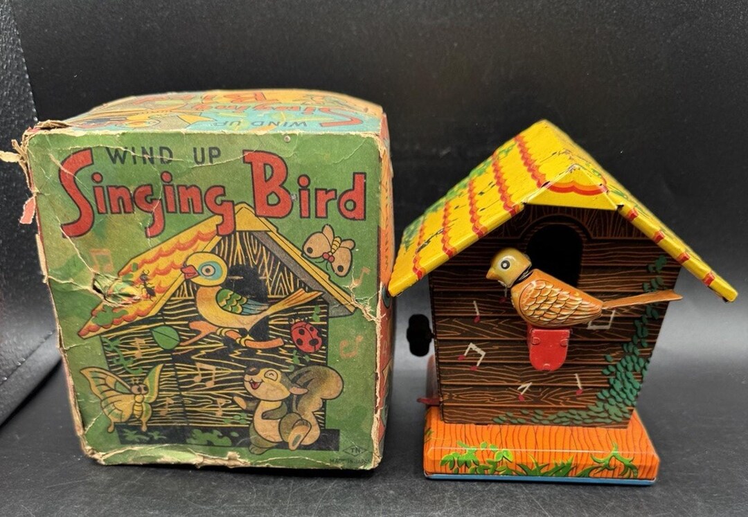 Vintage Japan T.N. Tin Wind up Birdhouse & Bird on Perch Original Box ...