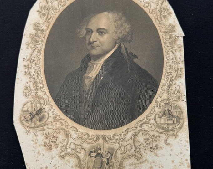 1857 Steel Engraving by William Wellstood of John Adams Border W ...