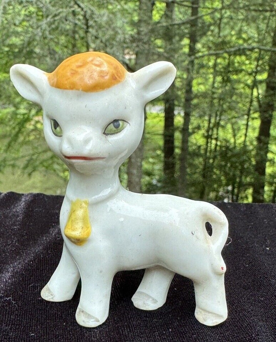 Vtg Baby Cow Calf Figurine Yellow Bell Blue Eyes Ceramic Hand Painted ...