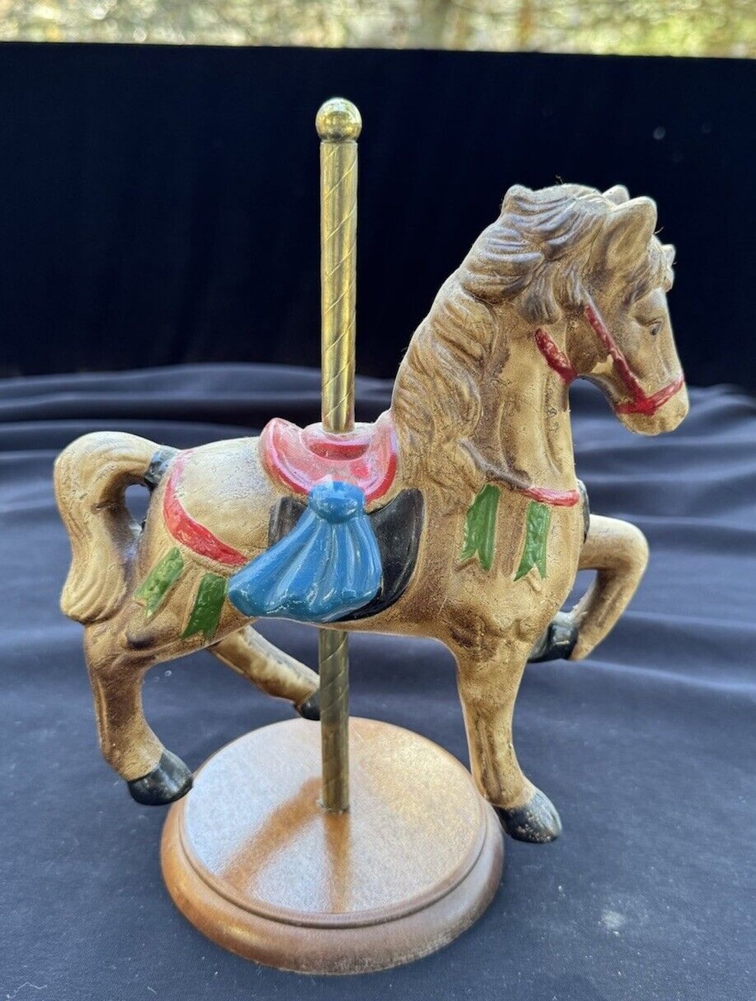 Ceramic Carousel Horse on Brass Turned Pole on Wooden Stand Art Mark ...