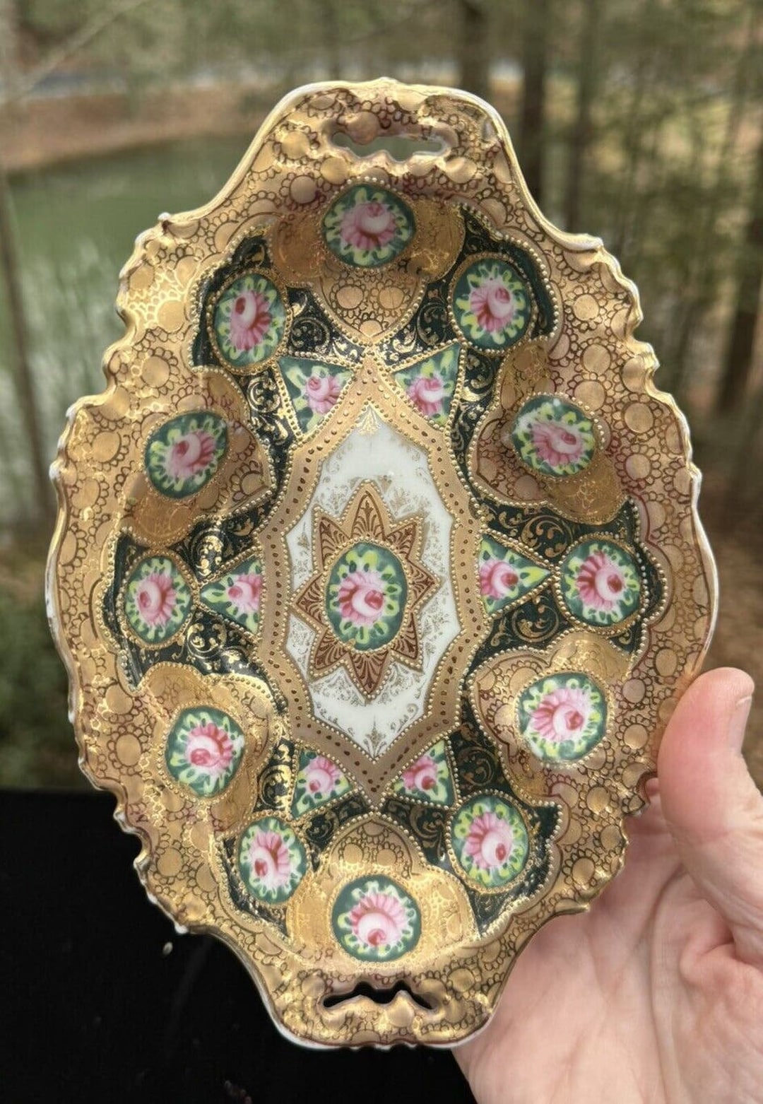 Stunning Highly Decorated Beaded Dark Green Floral Nippon Dish ...