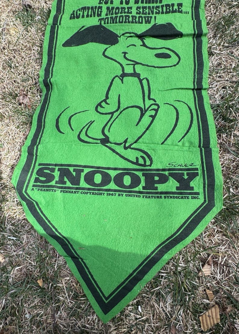 Vintage 1967 Snoopy Peanuts Felt Banner Pennant Flag Green 15 X34 Rare ...