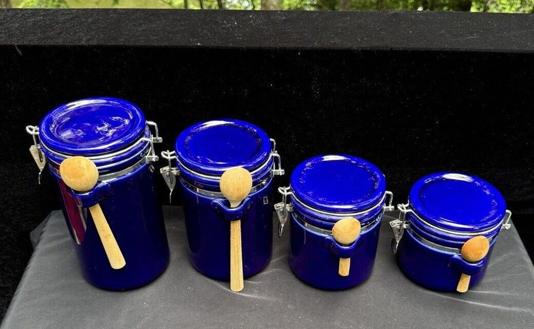 4 Belagio Cobalt Blue Canisters Set Flip Lock Stoneware W/ Wood Spoons ...