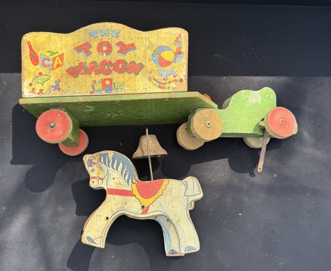 Rare Vintage 1942 Fisher Price THE TOY WAGON & Horses # 171 Well Loved ...