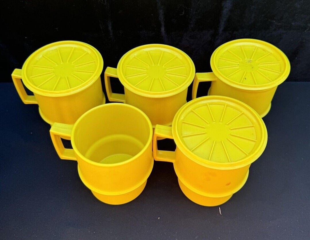 Vintage Tupperware Stackable Mugs & Coaster Lids All in Yellow Camping ...