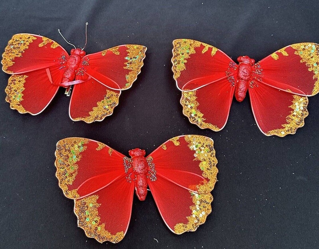 3 Stunning 8” Large Orange Butterfly Christmas Ornaments Glitter Beaded ...