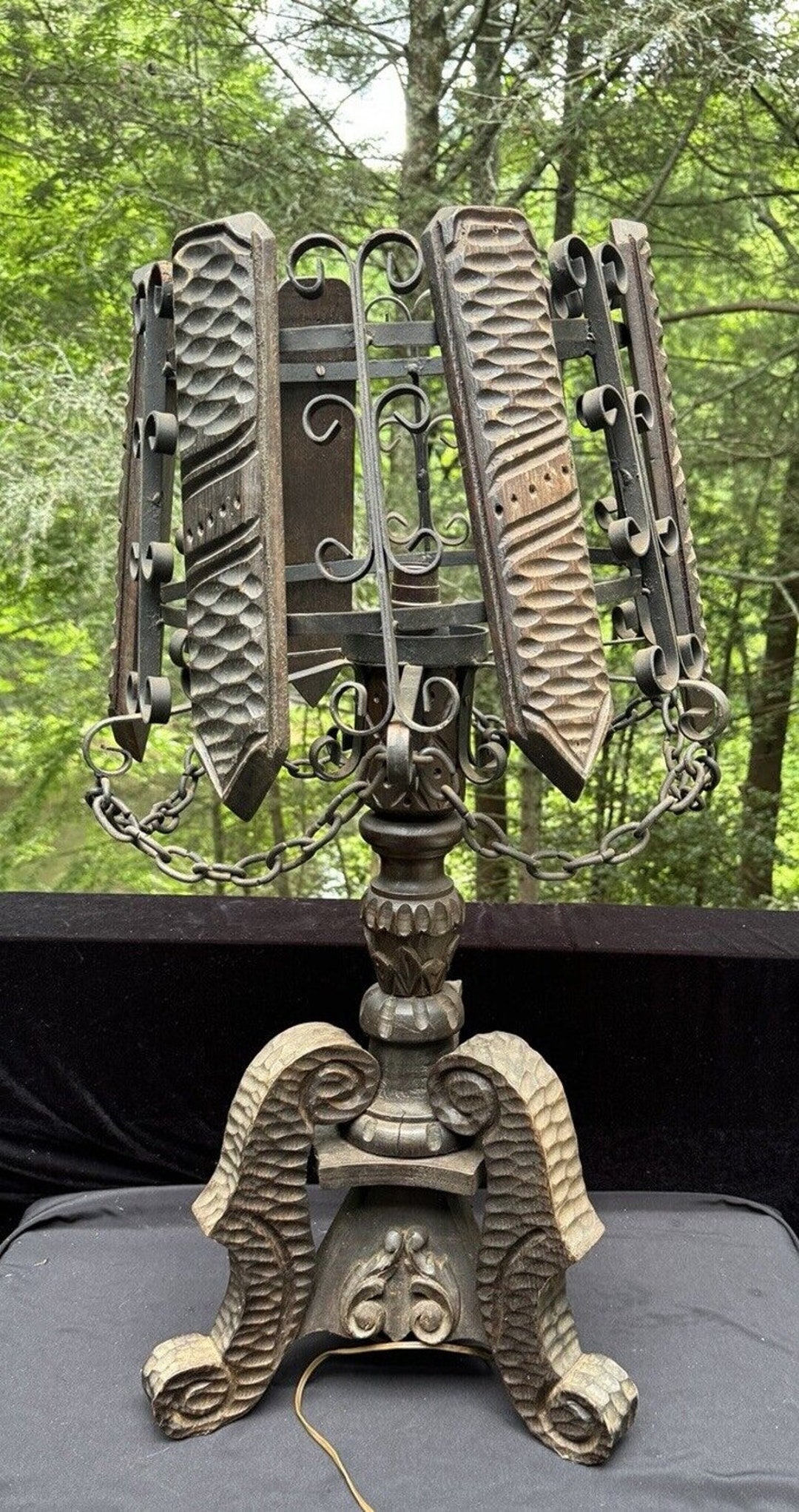 Rare Gothic MCM Wood Metal Brutalist Tramp Art Table Lamp Needs Plug 32 ...