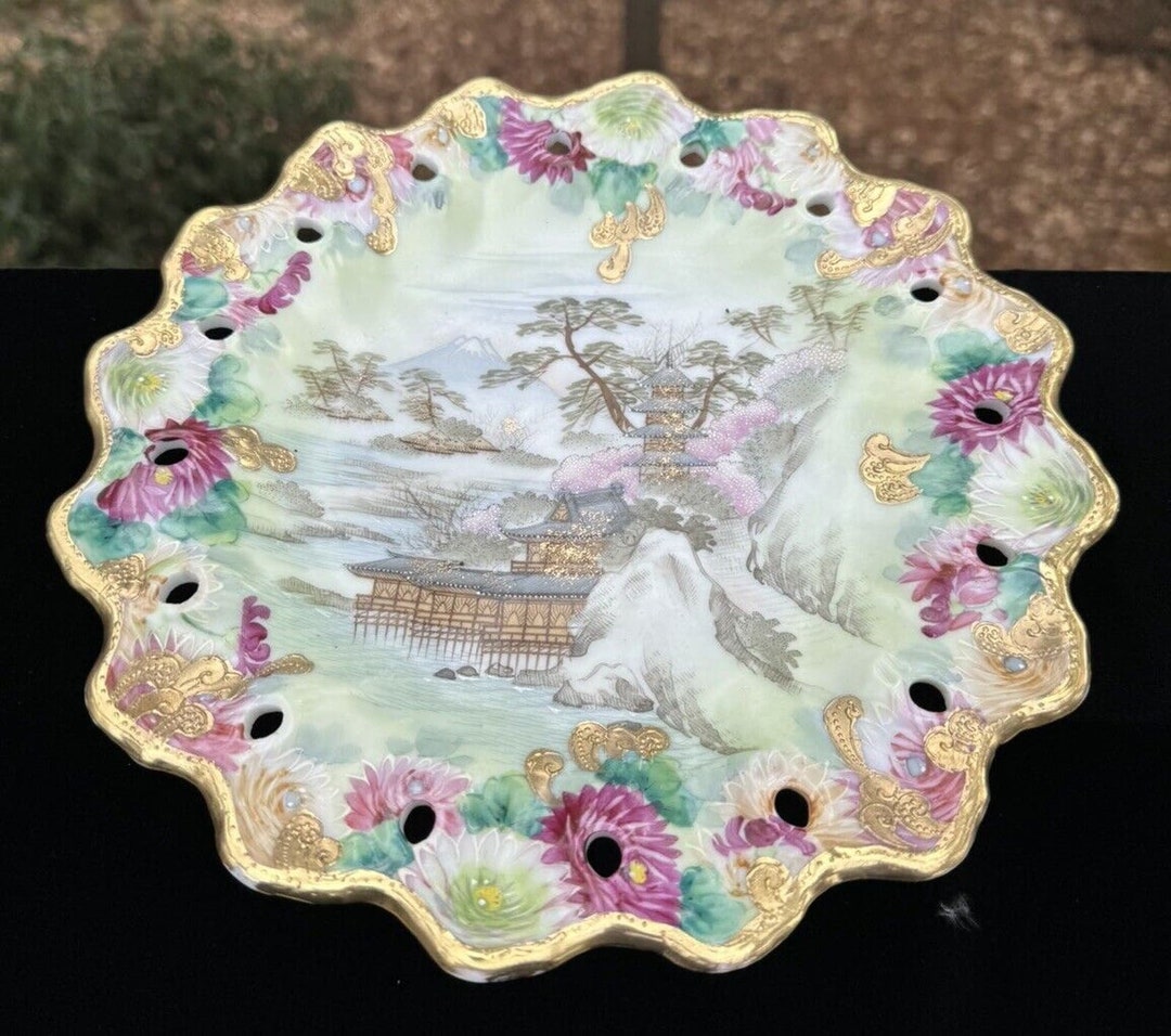 Gorgeous Nippon Japanese Mountain Scene 10" Plate Hand Painted & Beaded ...