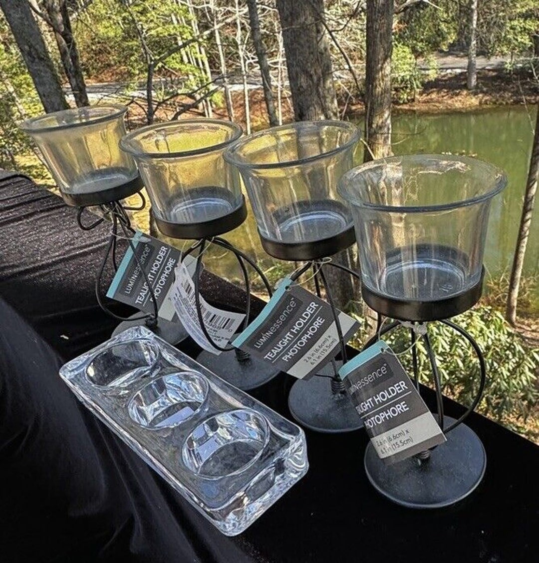 4 Greenbrier Int. Black Metal & Heavy Clear Glass Candle Holders Brand ...