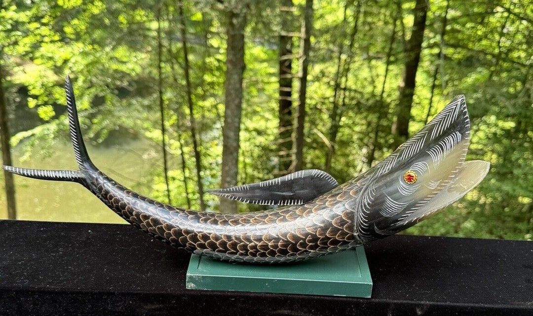 Hand Carved Cow Bull Horn Fish Sculpture Figurine Angler Decor by Cross ...