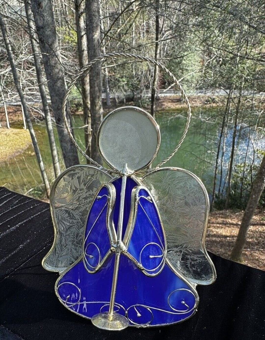 Stained Glass BLUE ANGEL Nativity Playing Her Horn Gold Lead Candle ...
