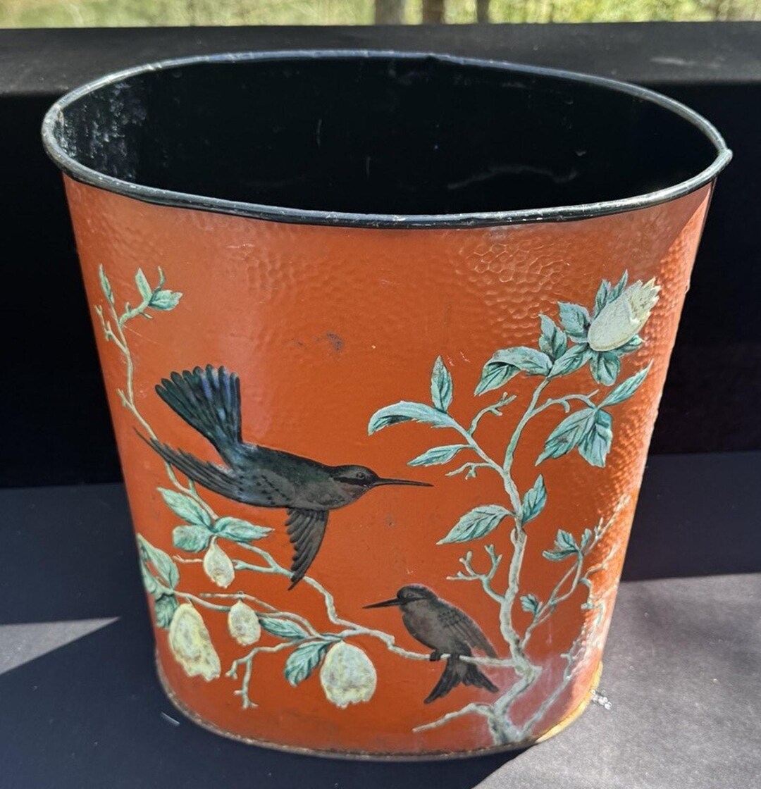 1950s Mid Century Hummingbirds and Flowers High Relief Weibro Trash Can ...