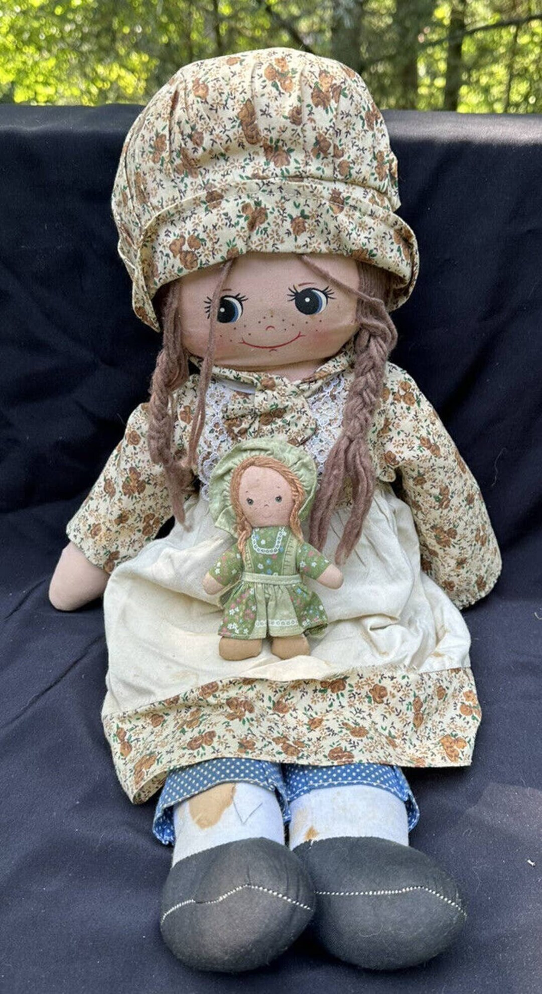 2 Vtg 24” & Mini Soft Cloth Country Rag Baby Doll Yarn Hair Braids S15 ...