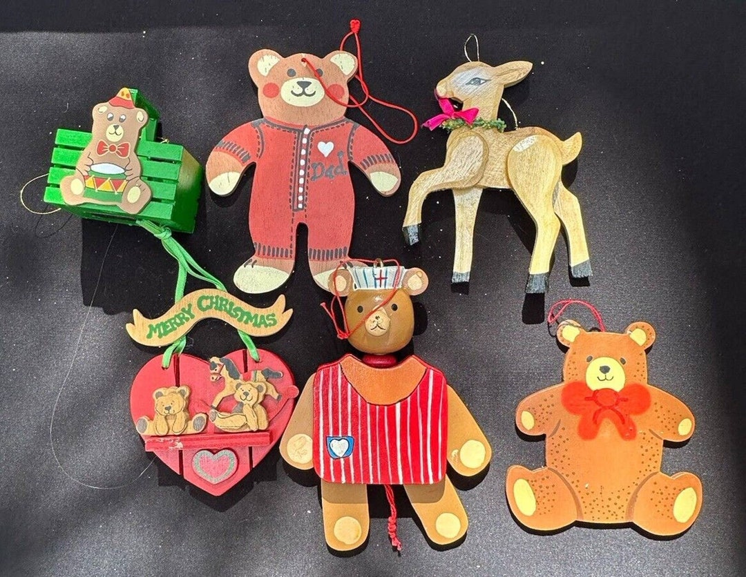 6 1990’s Vintage Teddy Bear Wood Ornaments Christmas Stephanie Siegel ...