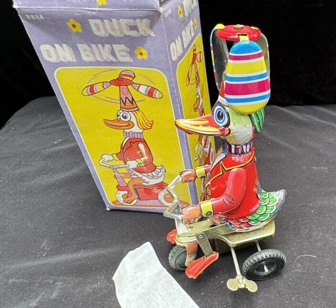 Vintage Tin Duck on A Bike Mechanical Wind up Toy Works Great!! Super ...