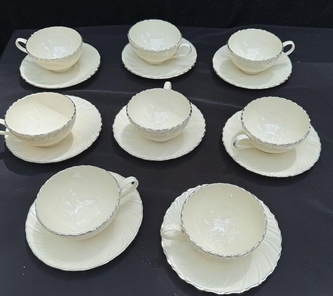 8 Lenox Weatherly Tea Cups & Saucers Swirled Platinum Rim Edge D517 ...