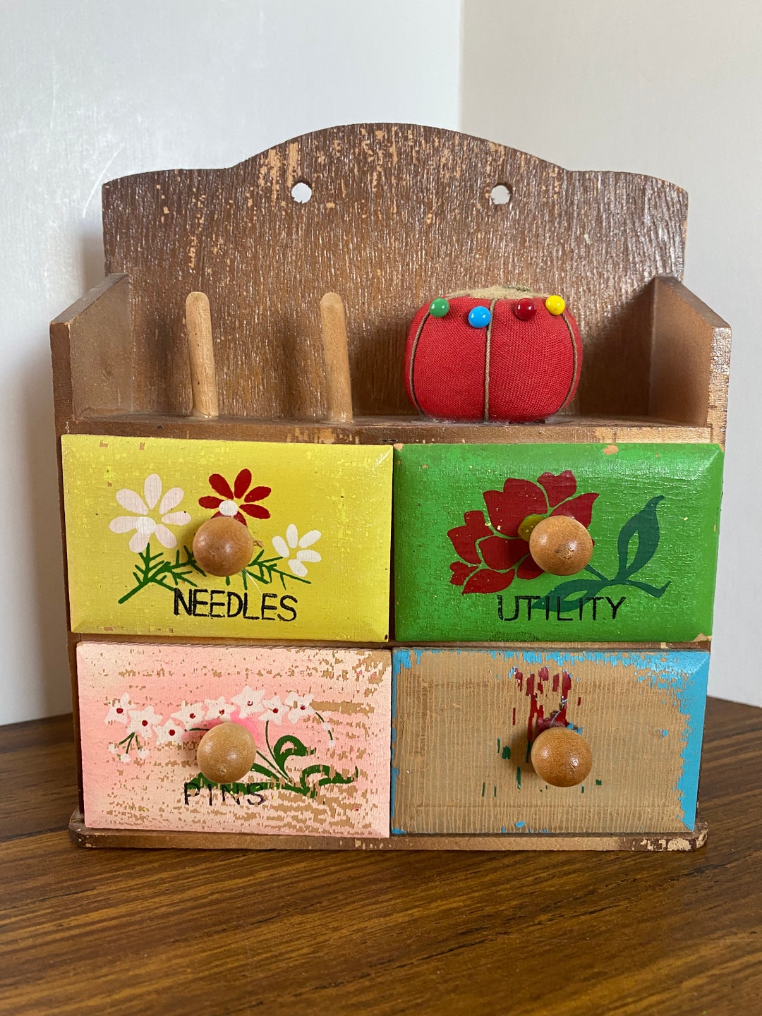 Vintage Wood Wall Gaming Shelf or Shelf Sitter 4 Drawer Sewing Notion ...