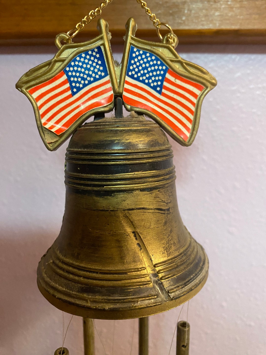 Vintage 1970’s Plastic Liberty Bell Wind Chime W 2 Flags on Top, Red ...