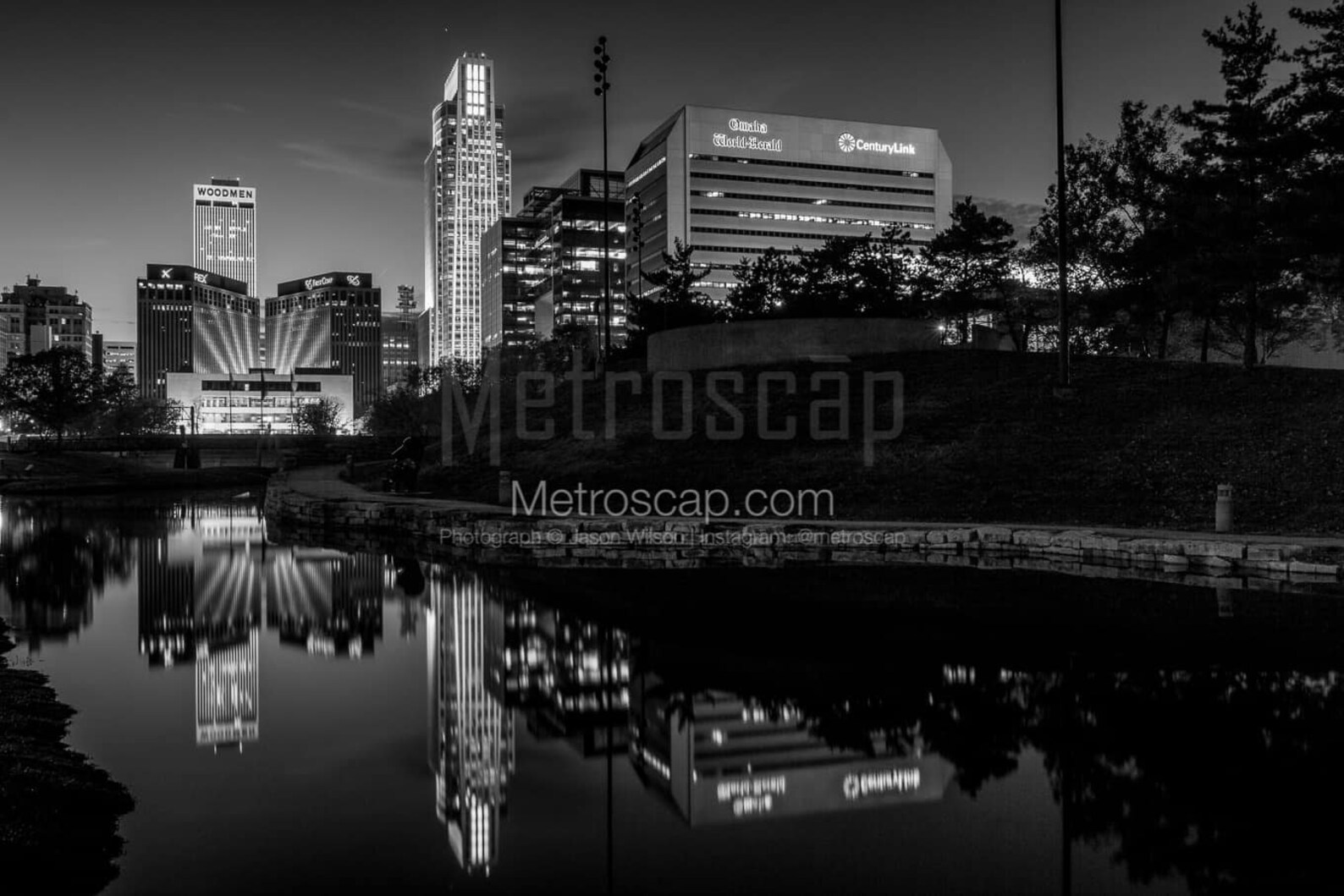 Omaha Skyline at Night Gene Leahy Mall Black & White Wall Art. Omaha ...