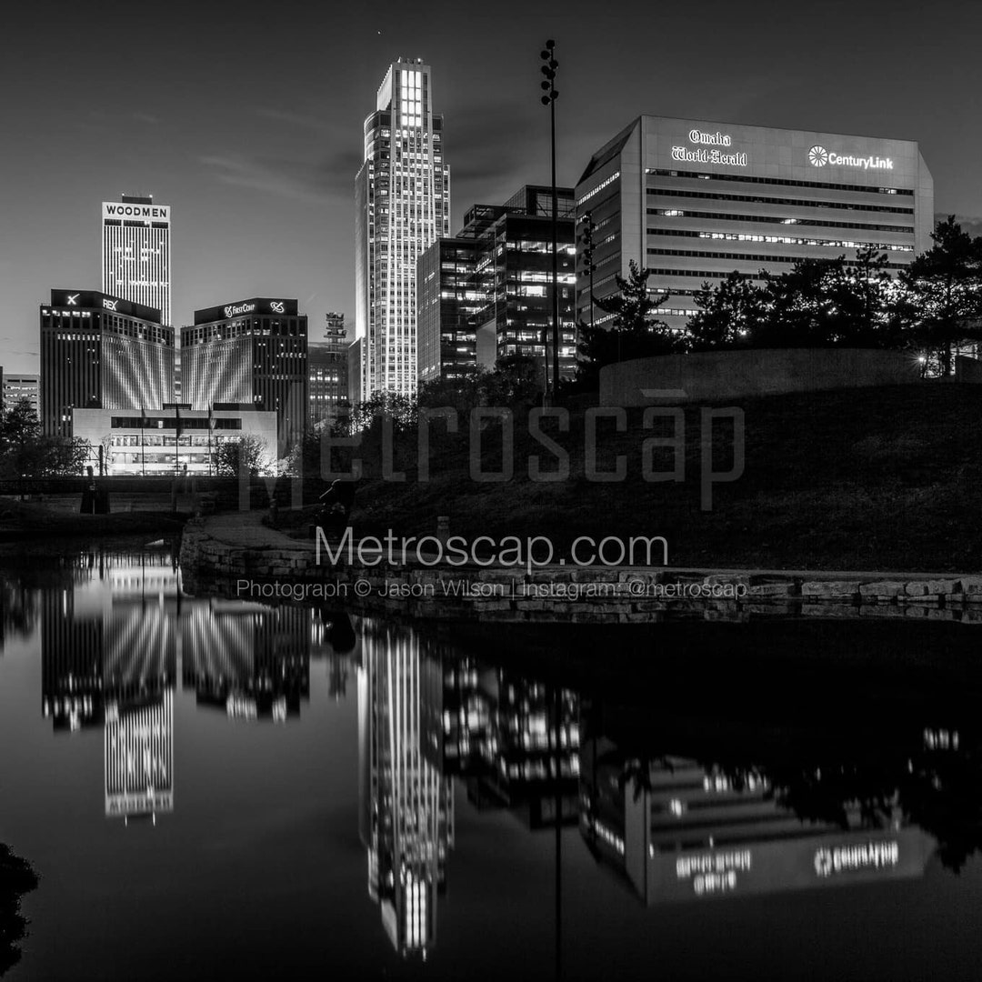 Omaha Skyline at Night Gene Leahy Mall Black & White Wall Art. Omaha ...
