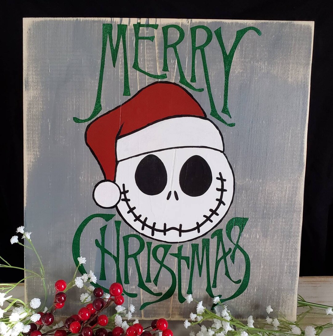 Cute Handmade Holiday Wooden Sign With Jack Skellington Wearing a Santa ...
