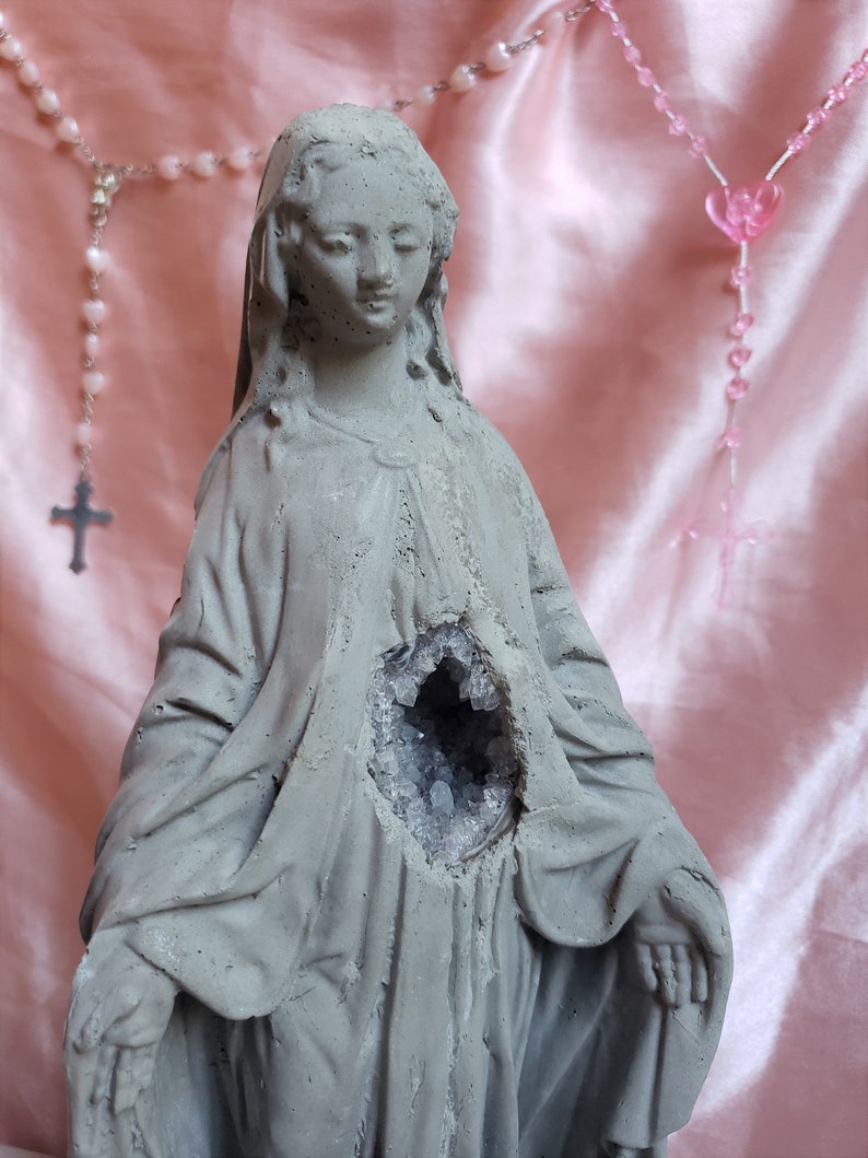 Virgin Mary Statue With Real Quartz Crystal Cluster Geode - Etsy