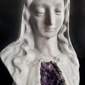 Virgin Mary Bust Statue With Real Amethyst Crystal Cluster Geode Decor ...