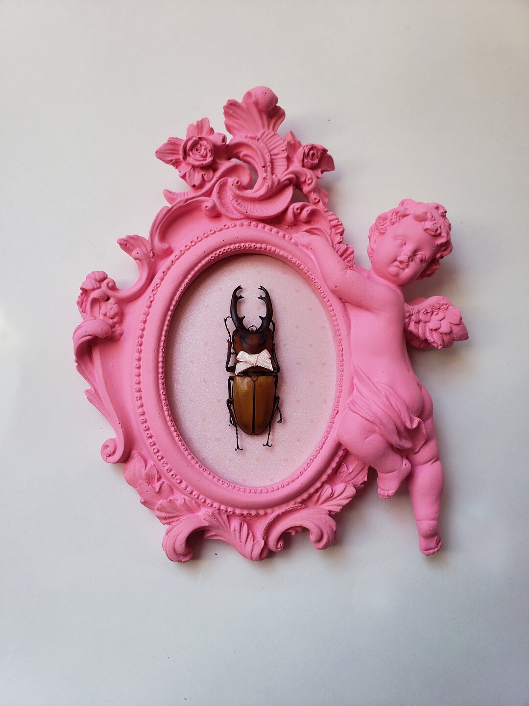 Stag Beetle With Ribbon Bow Pink Angel Cherub Baroque Frame Creepy Cute Pastel Goth Wallhanging ...