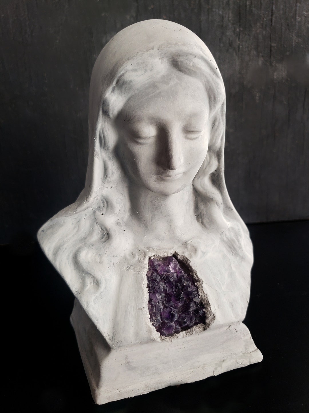 Virgin Mary Bust Statue With Real Amethyst Crystal Cluster Geode Decor ...