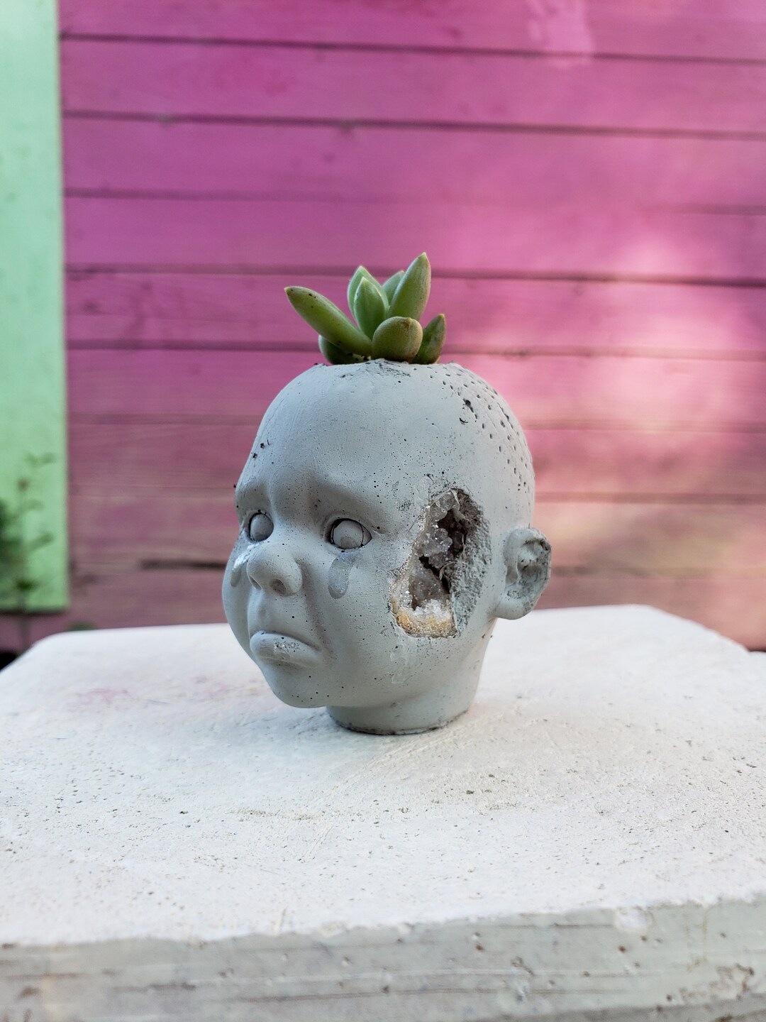 Sad Crying Crystal Geode Baby Doll Head Creepy Cute Cement Cactus and ...